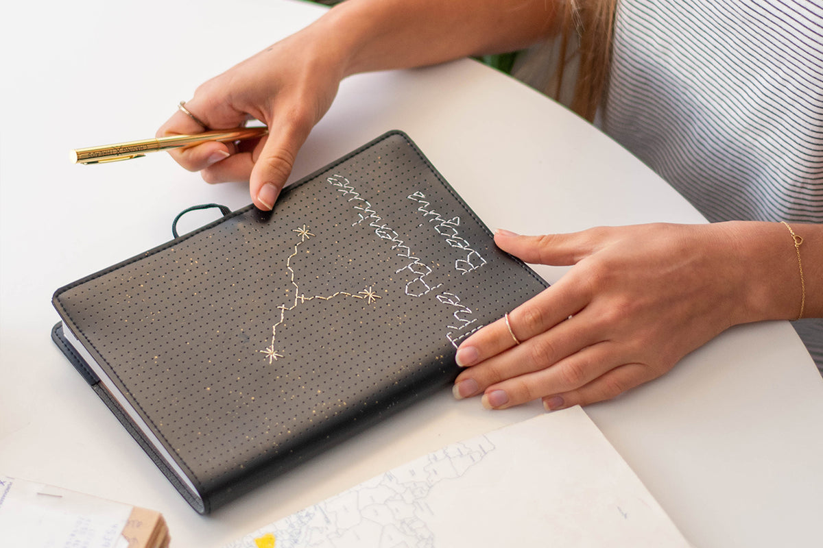 Stitch Your Star Sign Vegan Leather Notebook - Cosmic Cross Stitch Kit ...